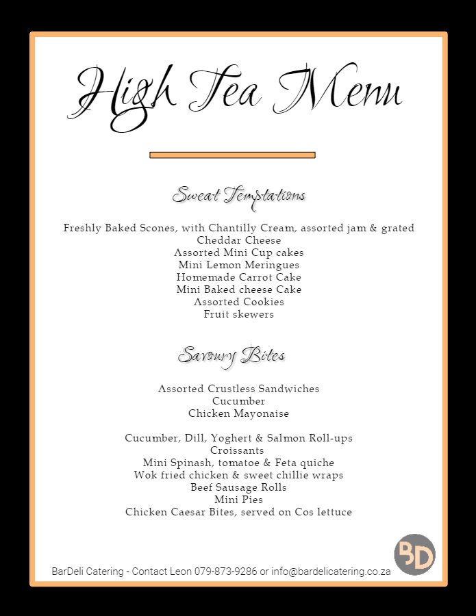 High Tea Menu ~ BarDeli Catering