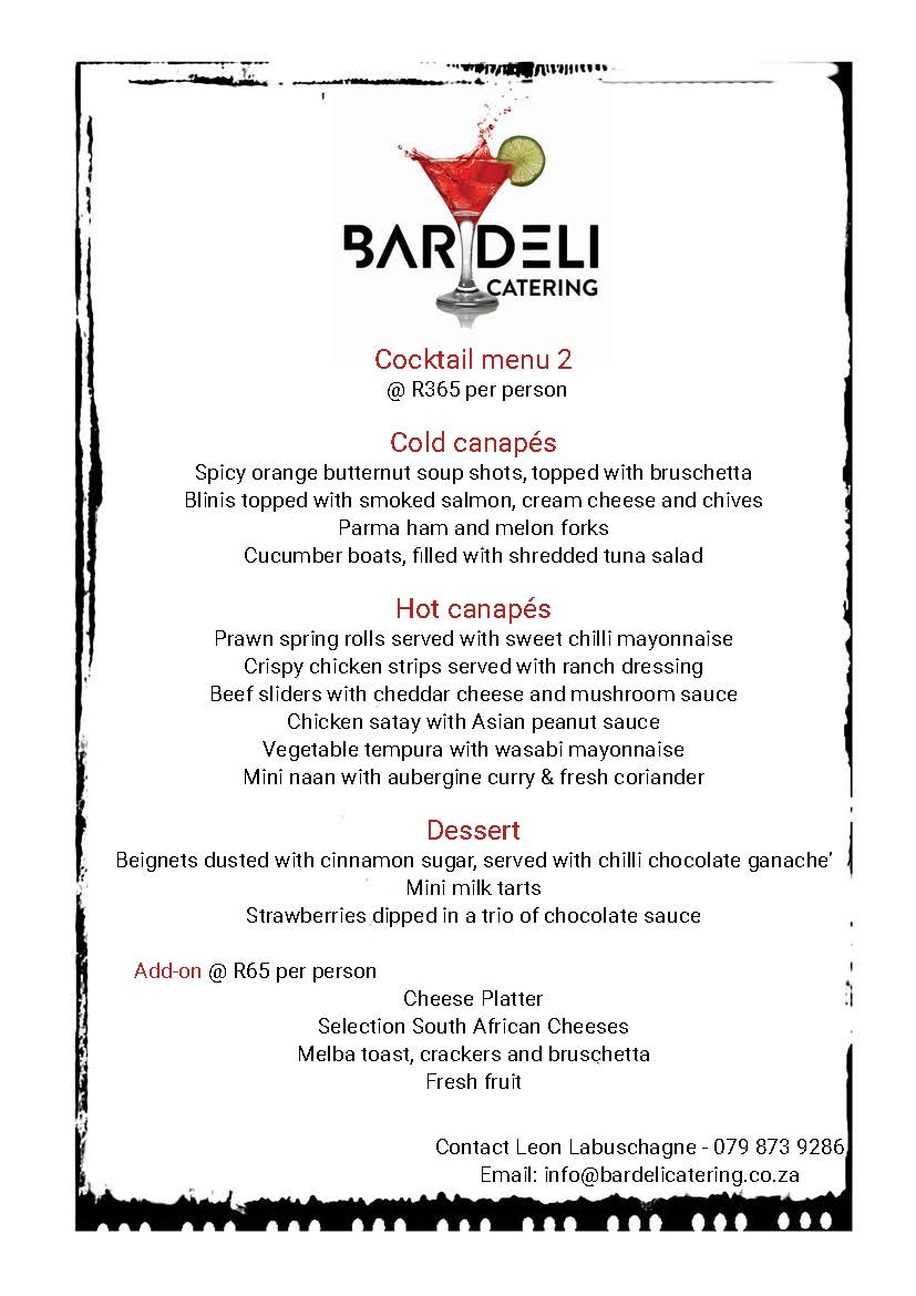 Cocktail Event Menu ~ BarDeli Catering